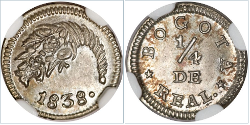 M906 Moneda de Cuartillos Republica de la nueva granada 1838 En plata ...